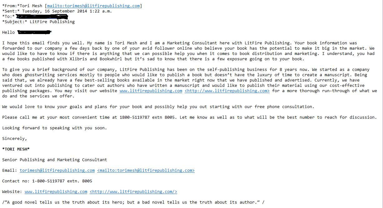 Solicitation Alert: LitFire Publishing - Writer Beware