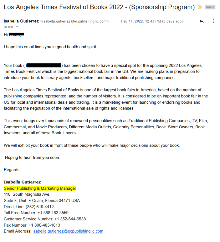 Junk Book Marketing: Book Fair "Representation" - Writer Beware