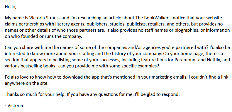 Solicitation Alert: The BookWalker - Writer Beware